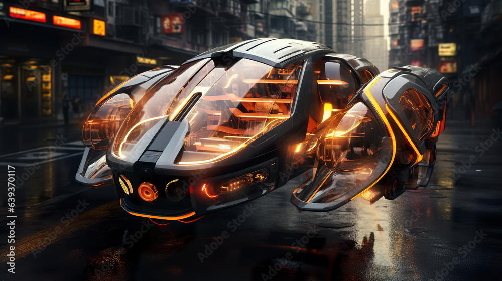 Illustration of a transparent flying car taking off, a futuristic ...