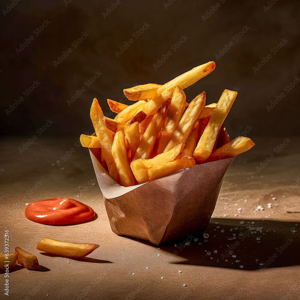Eine Portion knusprige goldgelbe Pommes Frites, Generative KI Stock ...