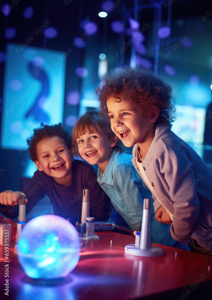 Generative AI, cheerful children watching a physics show in a science ...