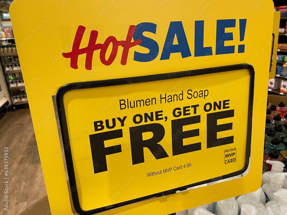 Food Lion grocery store interior sale sign buy one get one free Stock ...