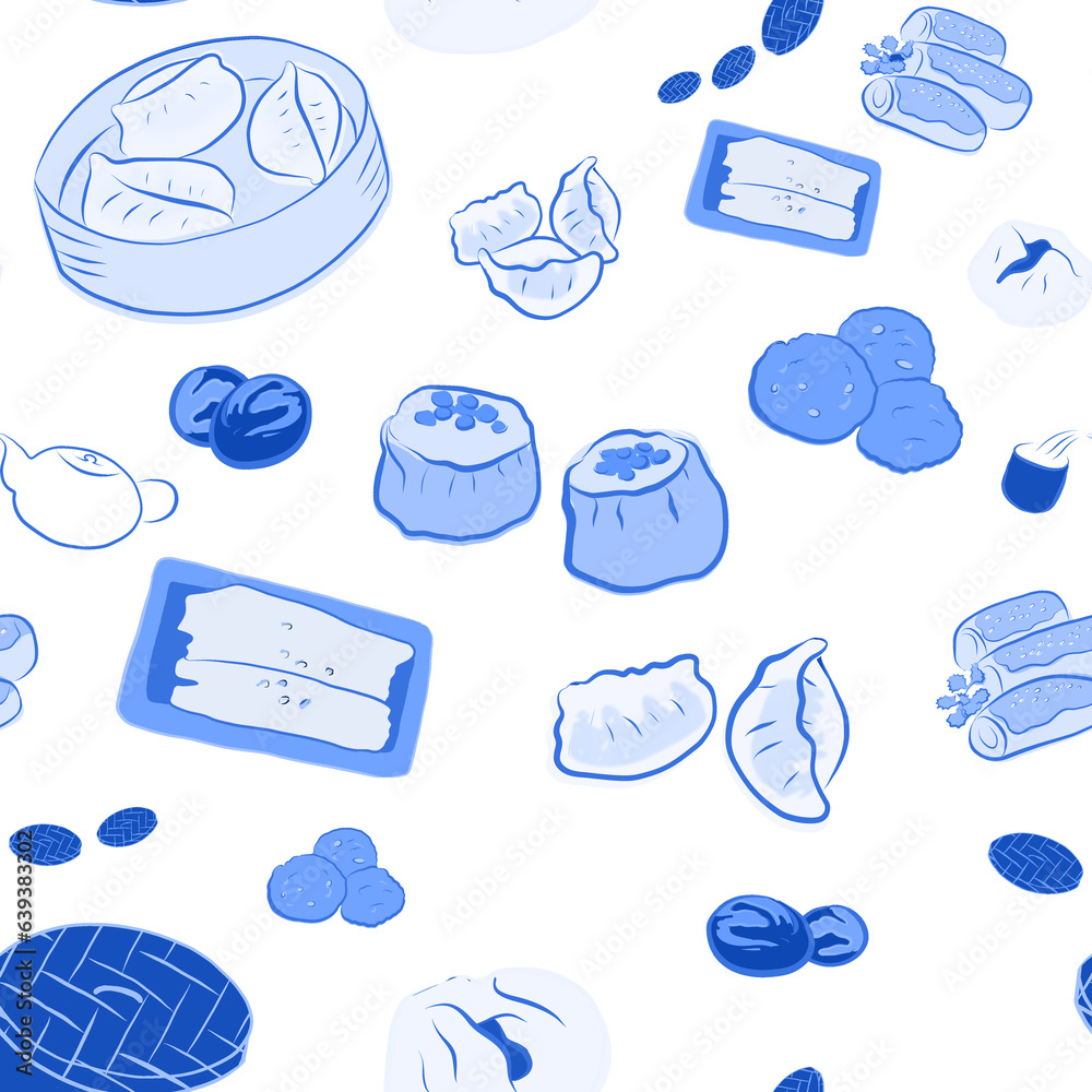 Dim Sum Pattern Yum Cha Cute Bao Dumplings 點心 燒賣 Mix (Blue version ...