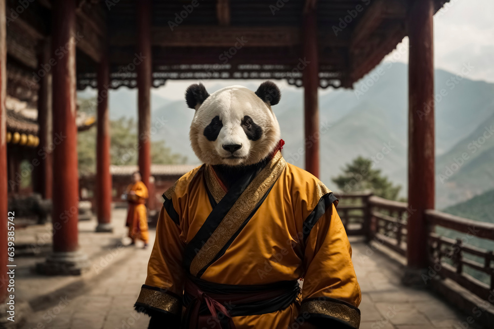 Panda bear in kung fu outfit stands in a shaolin monastery Stock Photo ...
