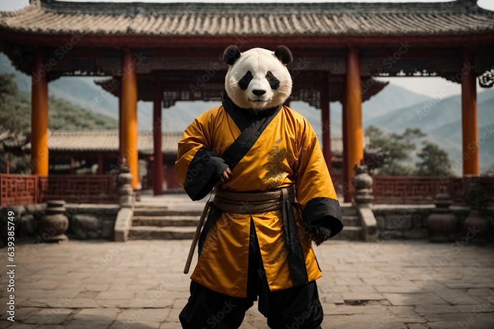Panda bear in kung fu outfit stands in a shaolin monastery Stock Photo ...