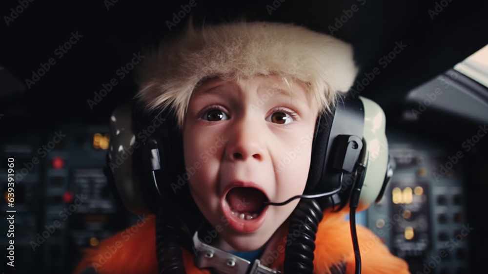 an angry toddler, a boy, caucasian, is pilot in the cockpit of a small ...
