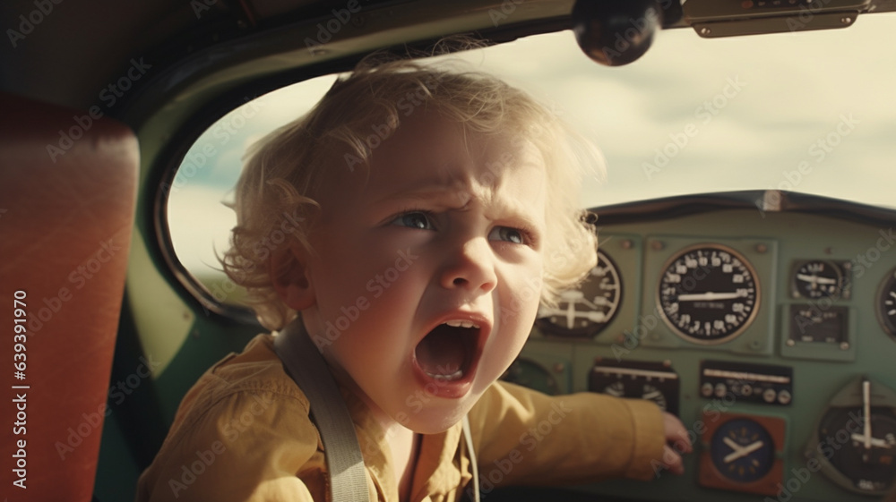 an angry toddler, a boy with blond hair, caucasian, is pilot in the ...