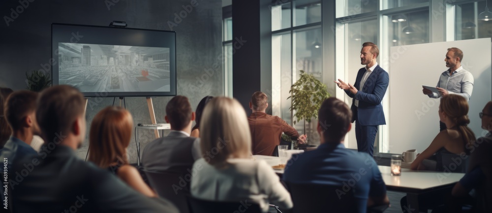 Photo of a man delivering a presentation to a attentive audience in a ...