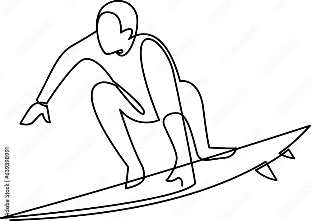 Continuous one line drawing of young professional surfer. Extreme ...