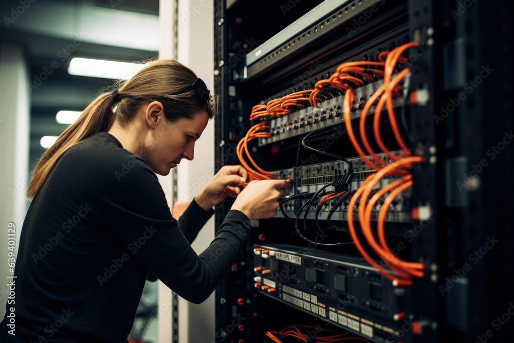 Woman installing router in datacenter Stock Photo | Adobe Stock