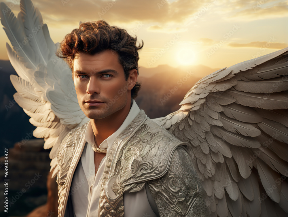 Portrait depiction of an elegant male angel with wings on top of a hill ...