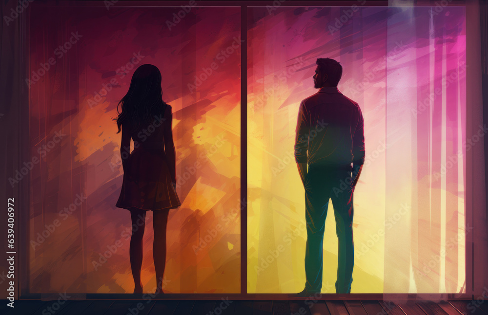 Marriage on the Brink: Silhouettes of Man and Woman Separated Stock ...