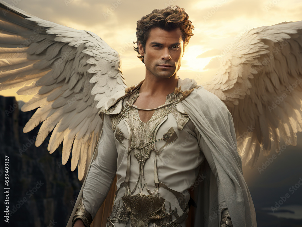Portrait depiction of an elegant male angel with wings on top of a hill ...