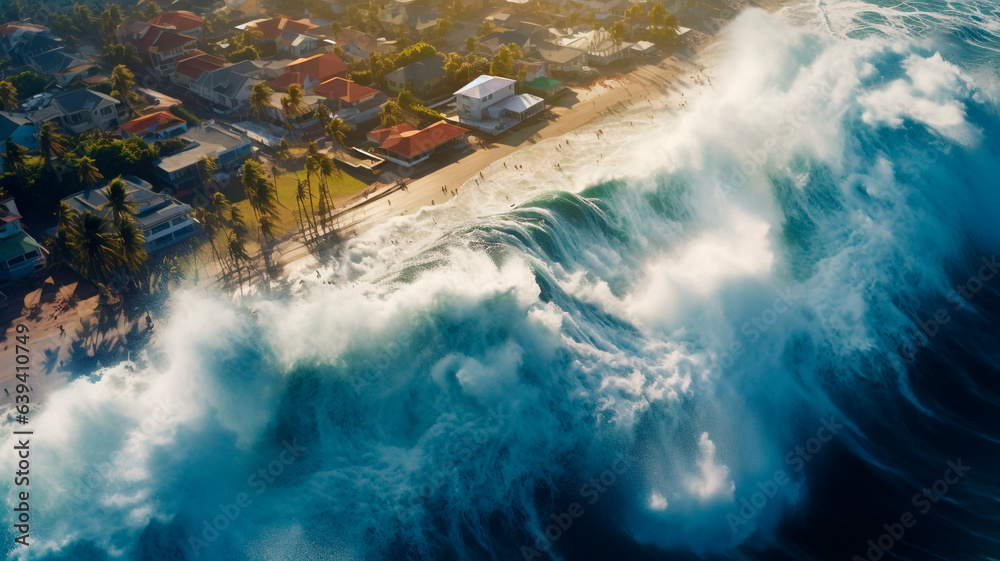 Bird's-eye view of a massive coastal wave crashing onto houses during a ...