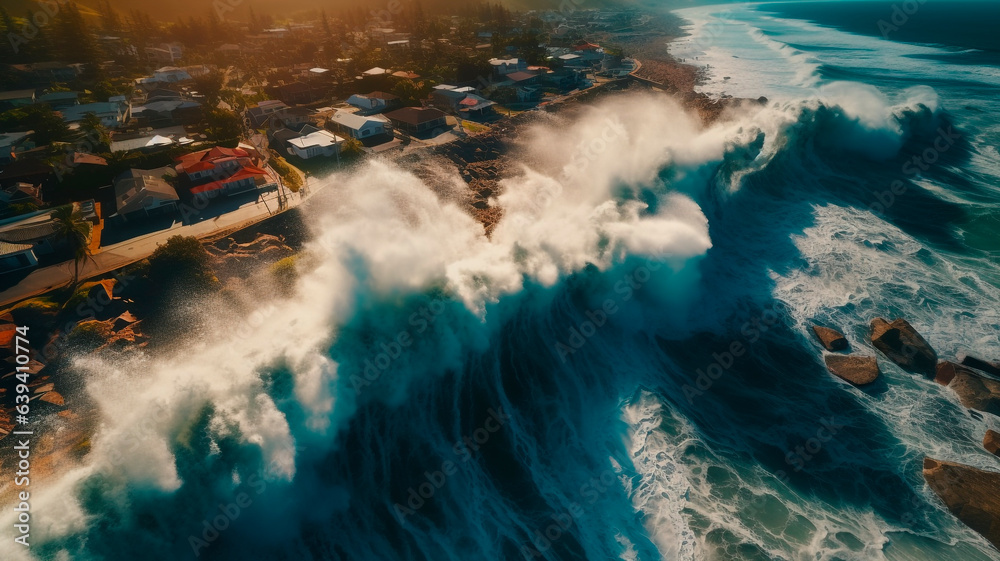 Bird's-eye view of a massive coastal wave crashing onto houses during a ...
