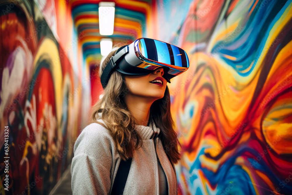 Young girl wearing a vr headset in an urban space, tunnel with a ...