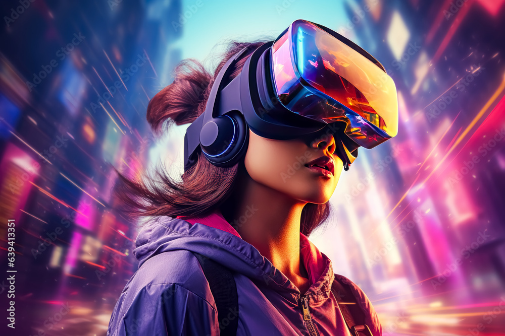 Young girl wearing a vr headset in an urban space, tunnel with a ...
