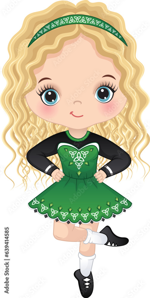 Vector Cute Girl Dancing Irish Dance in Traditional Celtic Dress Stock ...