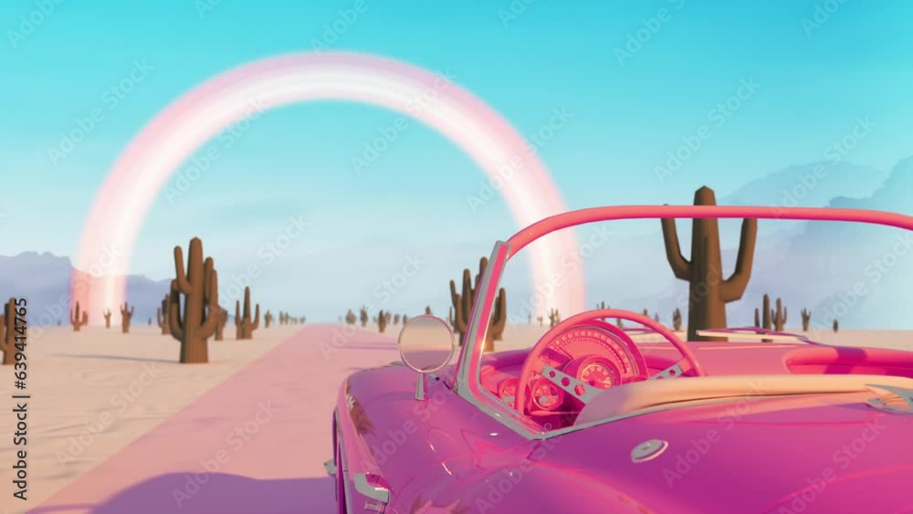 Pink world road animation Car driving on a desert road with cactuses ...