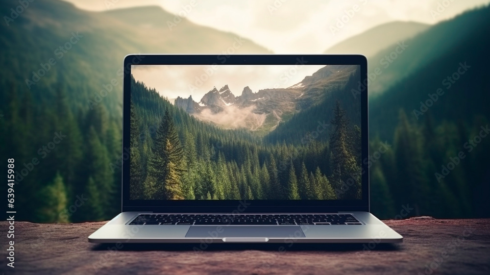 A laptop displaying a serene forest landscape with mountains, immersed ...