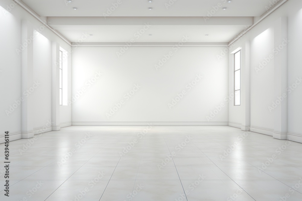 An imaginative scene showcasing an empty gallery room with pristine ...