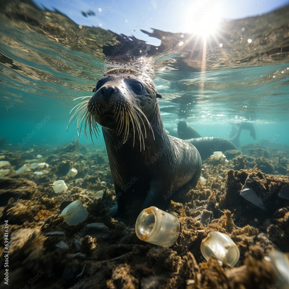 fur seals in the water among plastic bottles and garbage, concept ...