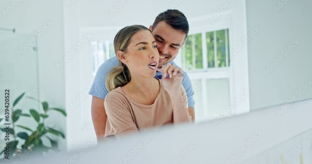 Mirror, love and couple hug while brushing teeth for dental, wellness ...