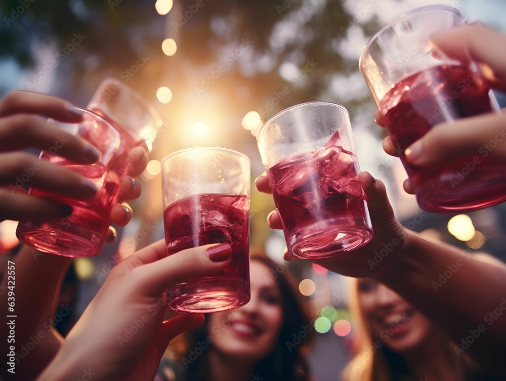 Hand holding glass of pink cocktail, people cheering, cheers, spending ...