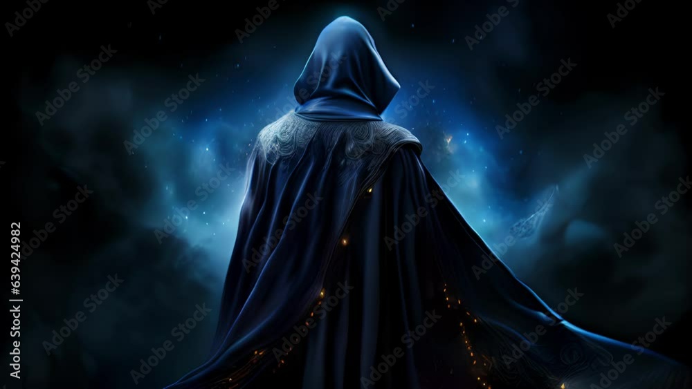 Against the night sky stands a tall and elegant figure of a wizard ...