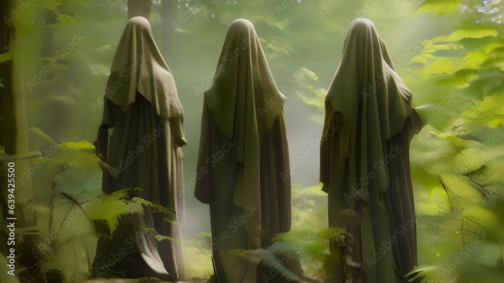 In the woods an ancient figure stands cloaked in green robes that are ...