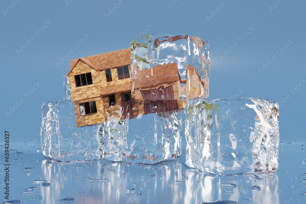 Brick house frozen in transparent ice cubes on blue background ...