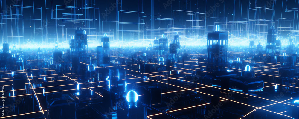 Neon Blue Wires Connected to Tiny Lamps Representing a Complex ...