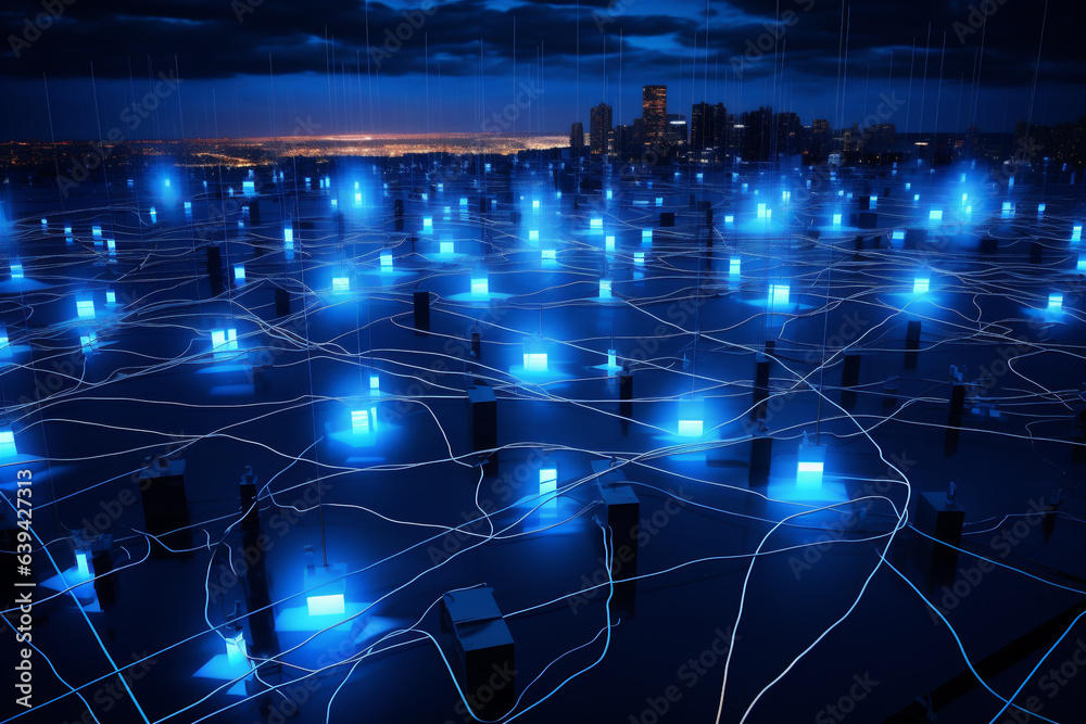 Neon Blue Wires Connected to Tiny Lamps Representing a Complex ...