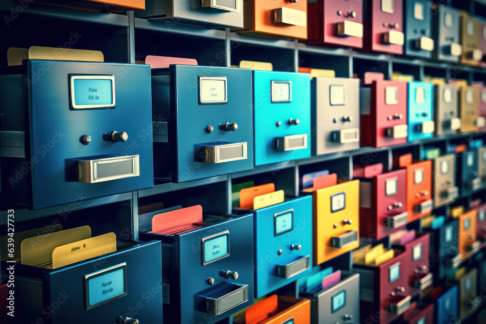 Wall mounted filing cabinets, a drawer with files inside is open ...