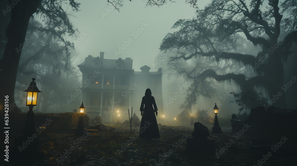 Eerie haunting ghostly female figure walking in front of a foggy ...