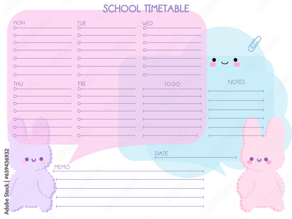 Cartoon animals bunny and cats School timetable , Day planner, Date ...