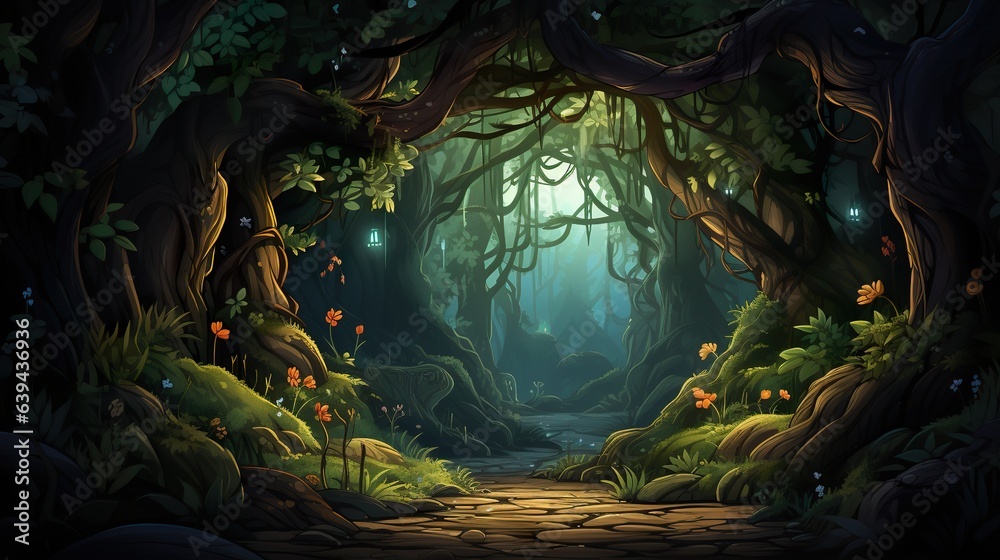 An illustration of a dark green magical forest. Frame background for ...