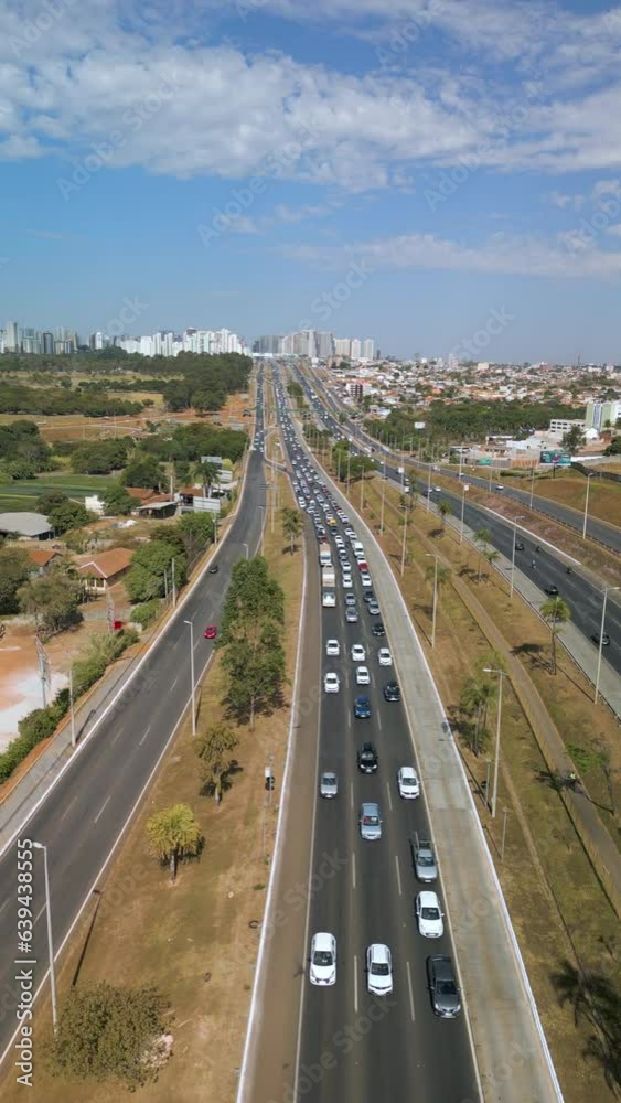 Beautiful vertical aerial panorama of busy traffic on multi-level ...