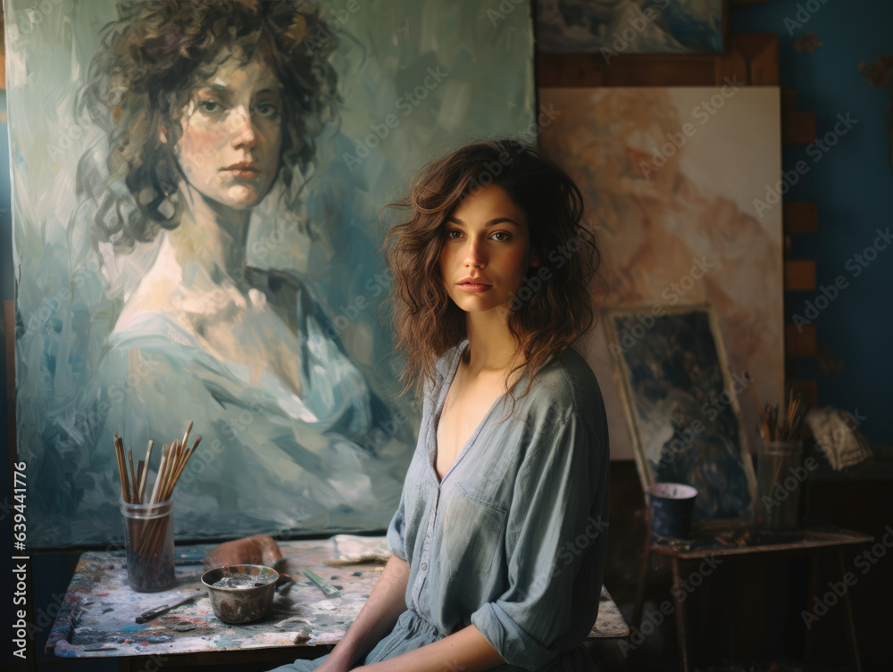 Beautiful woman artist standing in front of her painting Stock Photo ...