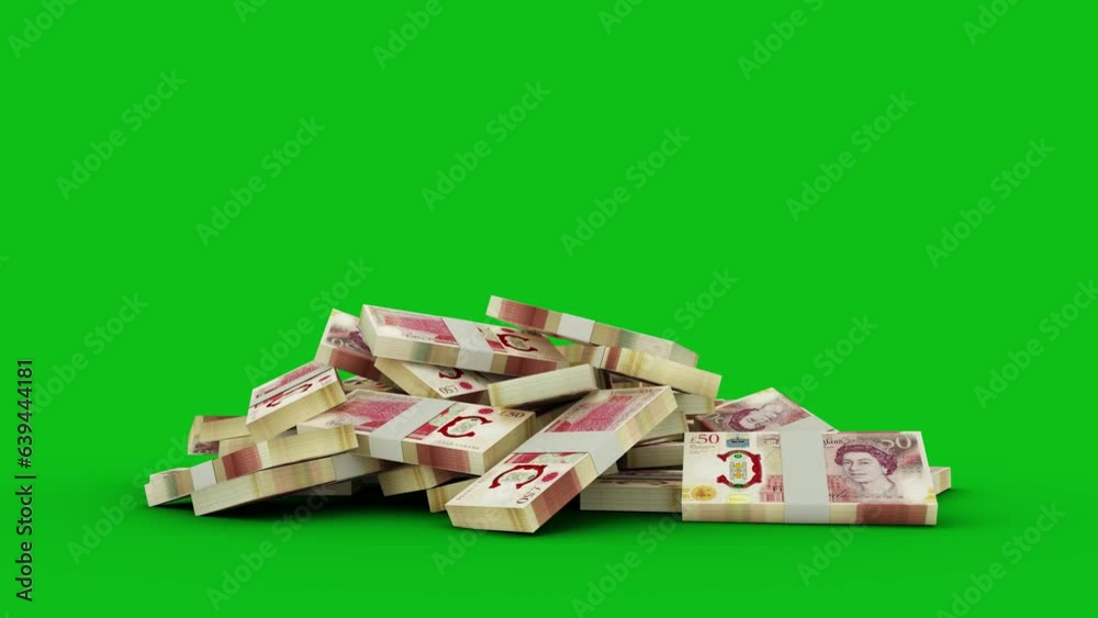 3d animation of stacks of British pound notes falling on green screen ...