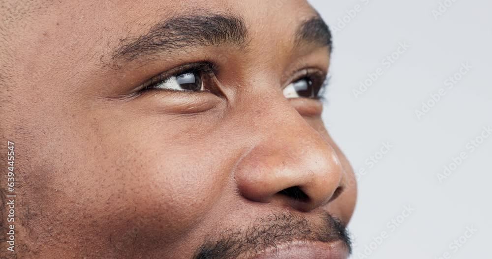 Closeup, thinking and man with ideas, eyes or problem solving on a ...