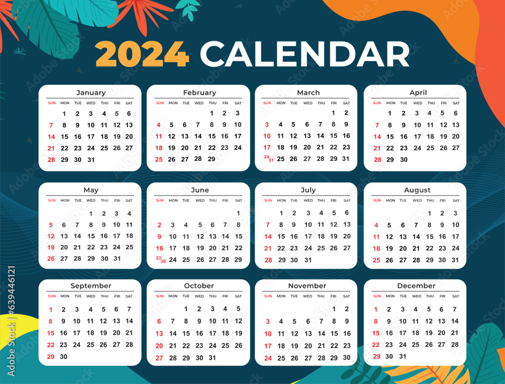 Hand drawn annual 2024 calendar template. 2024 new year calendar ...