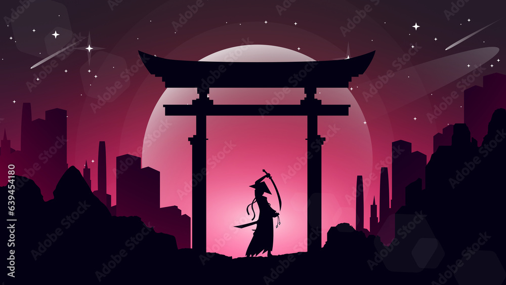Japanese samurai with torii gate background. Japanese cyberpunk samurai ...