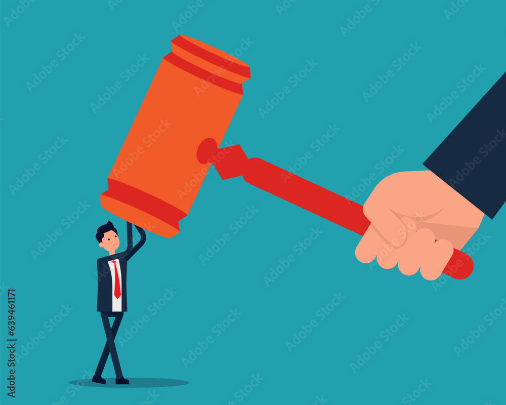 Hit businessman by hammer. Authority concept. Vector illustration in ...