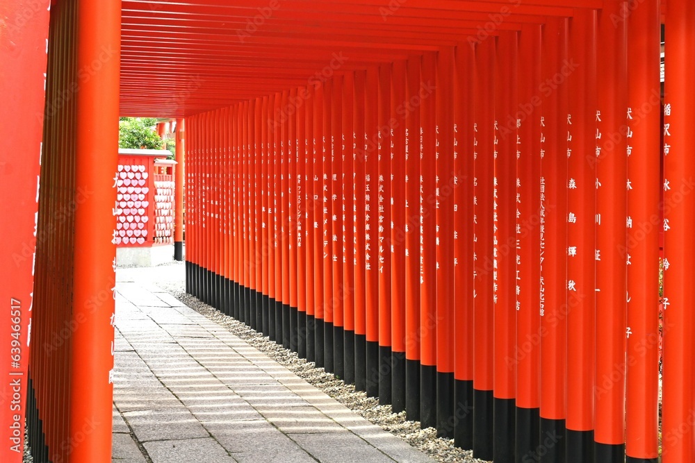Vermilion torii of a Japanese shrine. Vermilion is used because the ...