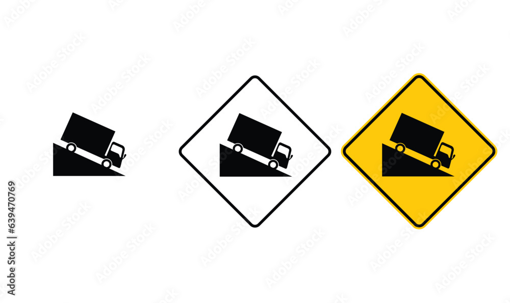 icon steep hill downward outline traffic warning sign design for yellow ...