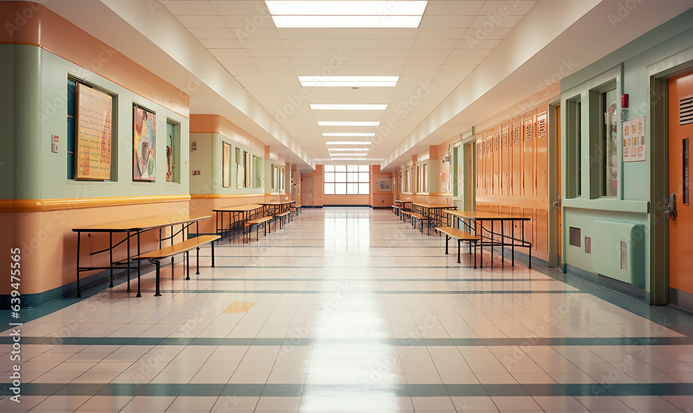 expansive corridor within a school building Stock Illustration | Adobe ...