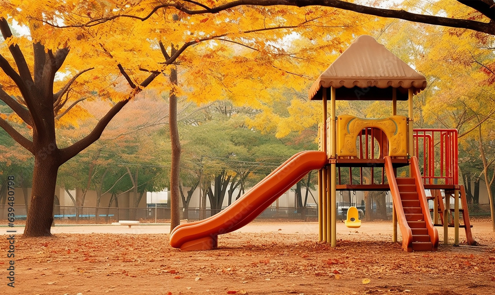small slide standing proudly in the midst of an autumnal kids ...