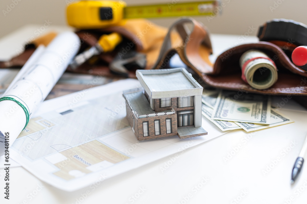 House construction plan concept. Tools for building work. Architectural ...