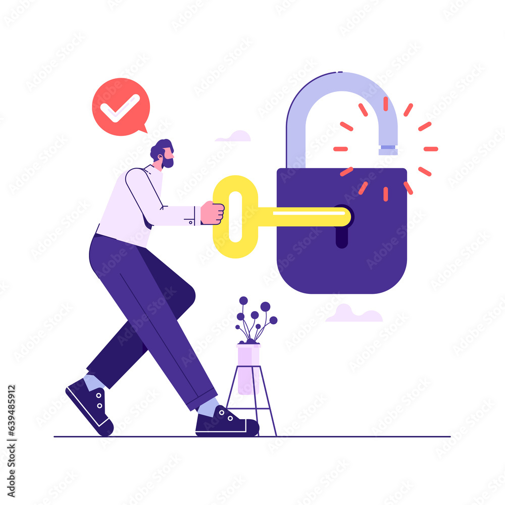 Man opening padlock with key. Concept of approved, allowed or ...