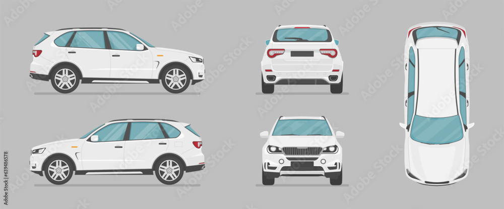 White car in different view. Front, back, top and side car projection ...