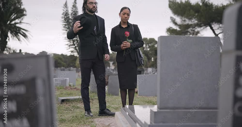 Couple, sad and mourning at tombstone of graveyard, funeral and pay ...